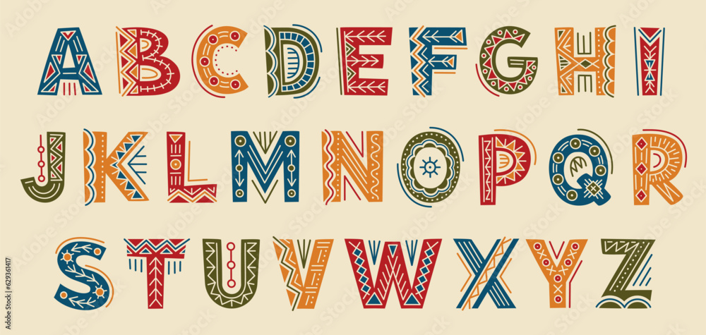 African tribal font set. Decorative alphabet with exotic ethnic pattern ...