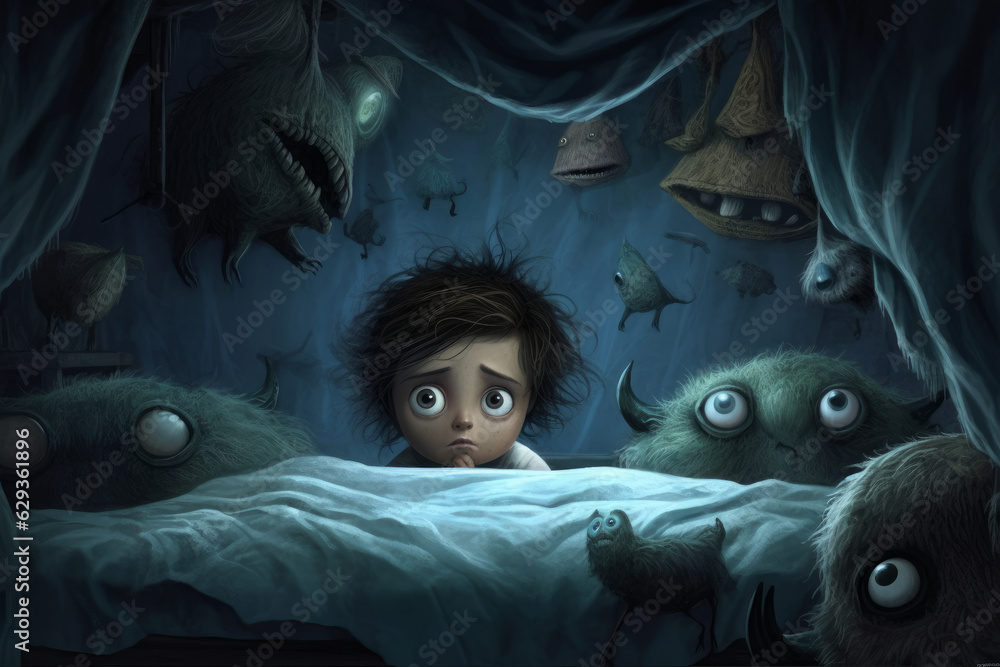 Sad little boy fearing monsters under his bed. Terrified child having a ...