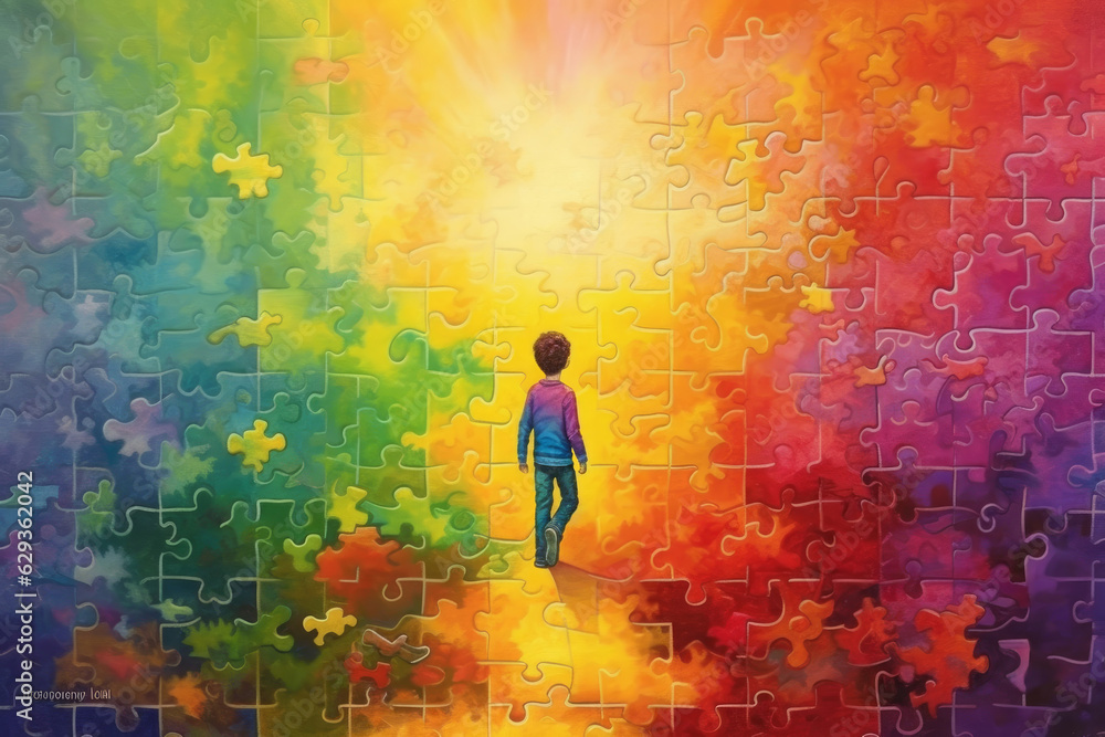 A child in rainbow coloured imaginary world. Child mental health ...