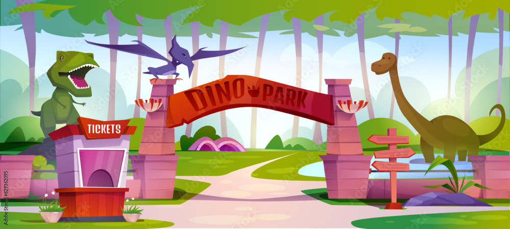 Dinosaur park banner. Horizontal poster with zoo outdoor with ...