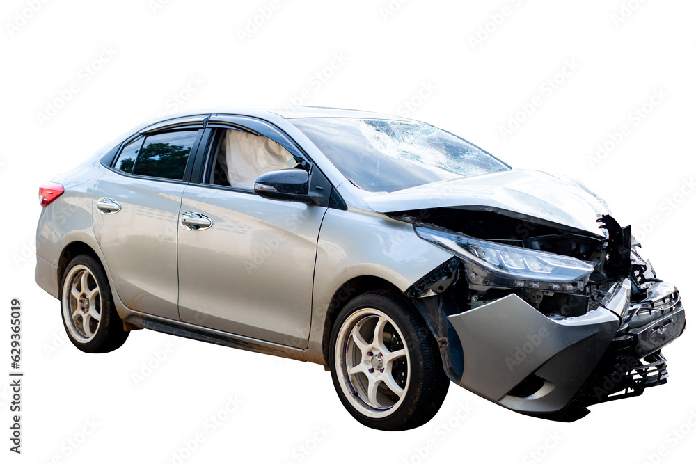 Front and side of white car get damaged by accident on the road ...