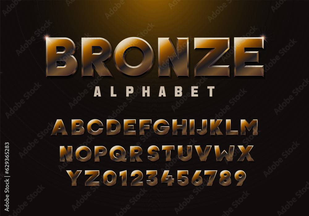 Bronze alphabet. Copper colored font 3d effect typography letters and ...