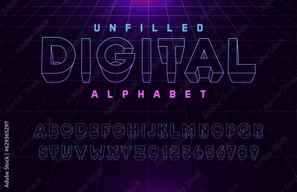 Vetor de Unfilled Digital alphabet with retro neon grid. Vector design ...
