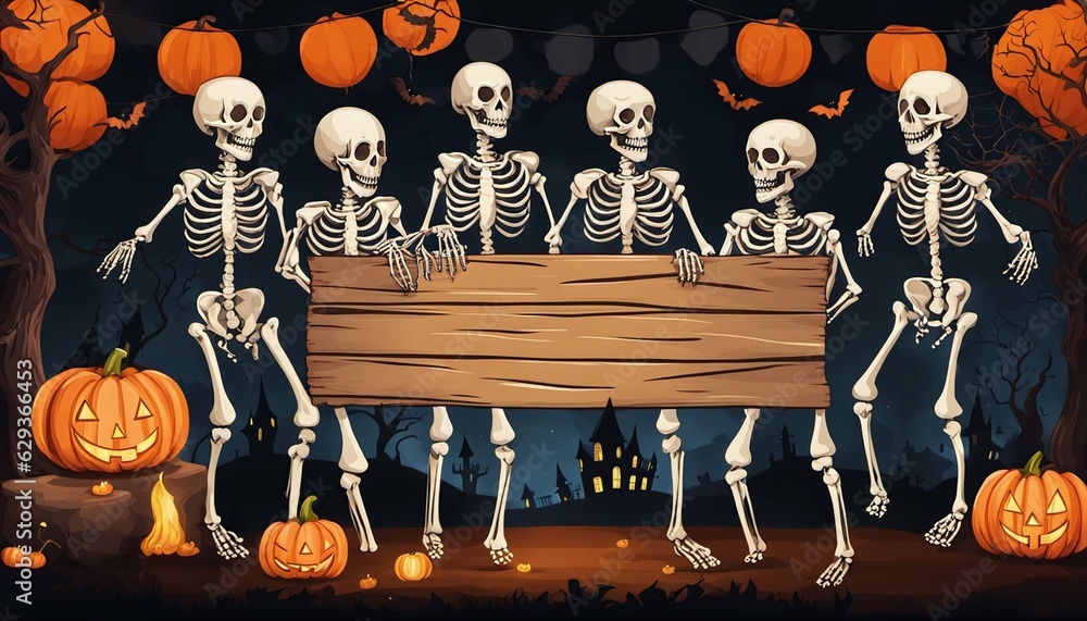 Spooky Halloween Party: Skeletons with Wooden Banner in Haunting Nights ...