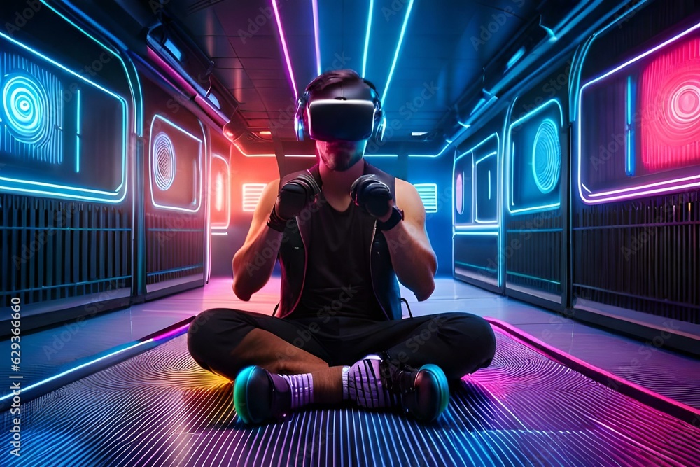 futuristic gaming room filled with neon lights, an immersive virtual ...