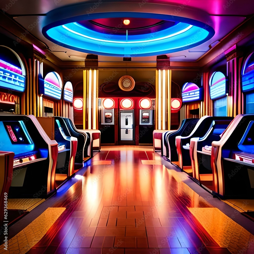 A modern interior of a retro-style arcade, neon lights illuminating the dark room, rows of ...