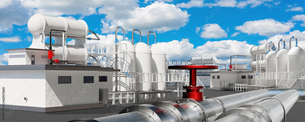 Chemical enterprise. Factory exterior. Industrial landscape. Pipes near ...
