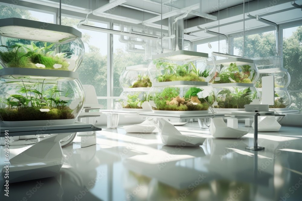 Futuristic agriculture hydroponics lab with scifi experimental growing ...