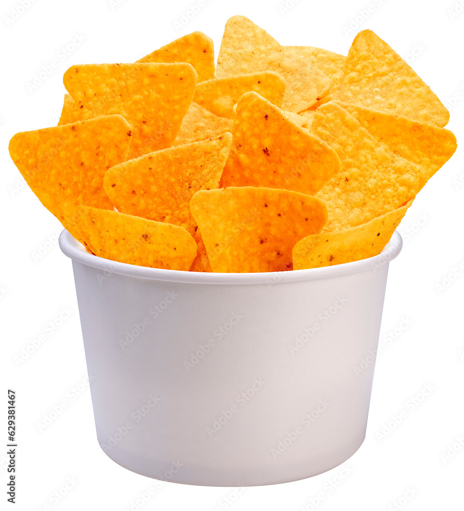 Crispy nachos in paper bucket isolated on white background, Corn chips ...