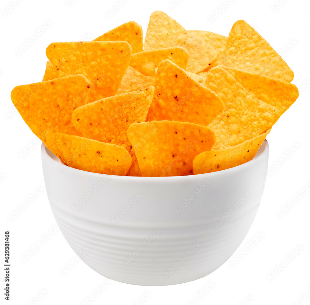 Crispy nachos in paper bucket isolated on white background, Corn chips ...
