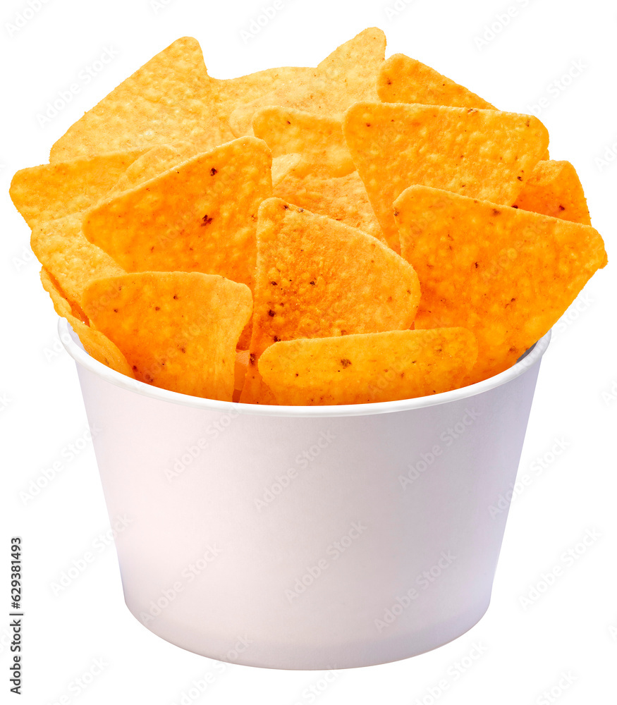 Crispy nachos in paper bucket isolated on white background, Corn chips ...