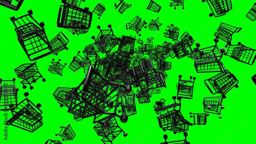 Black shopping carts on green screen. Loop able abstract animation for ...