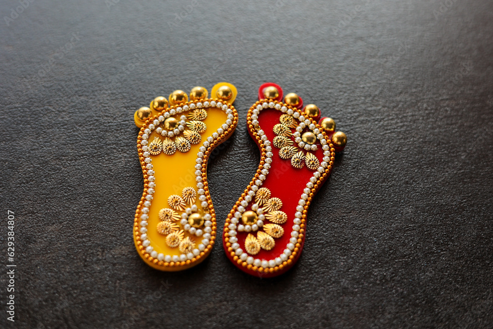 Dhanteras goddess golden feet. Thali for festival celebration to ...