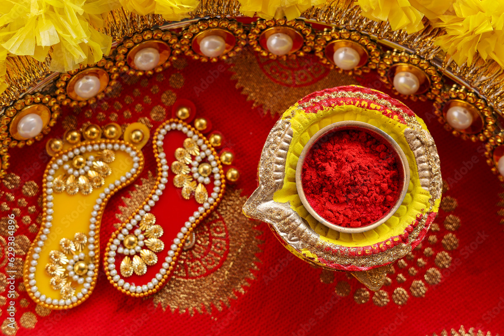 kumkum powder in golden bowl use for indian traditional god worship and ...