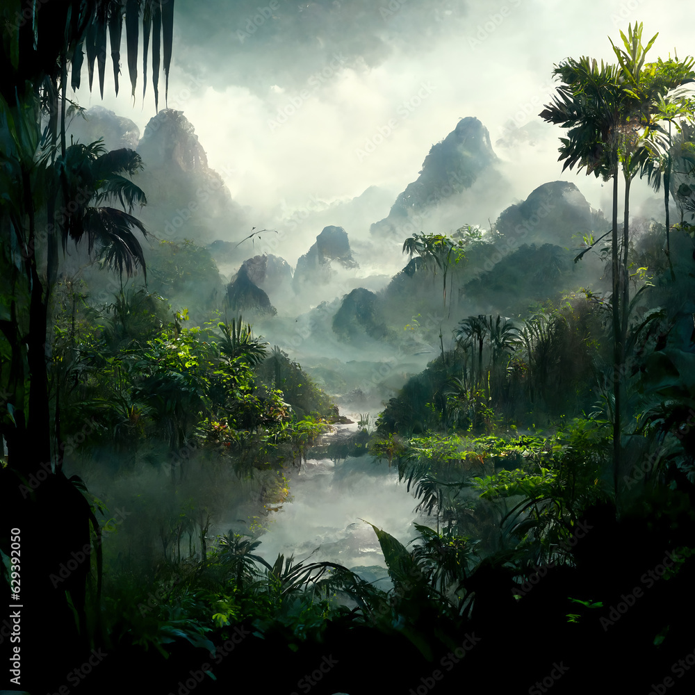 Matte painting style of a deep jungle with chinese mountains Stock ...