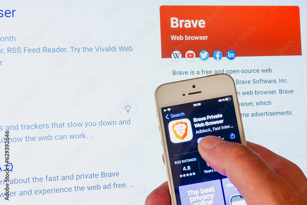 Brave Browser mobile app with logo.Brave screen on the background ...
