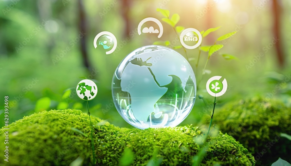 Glass globe in green forest with the icon environment of ESG, co2 ...