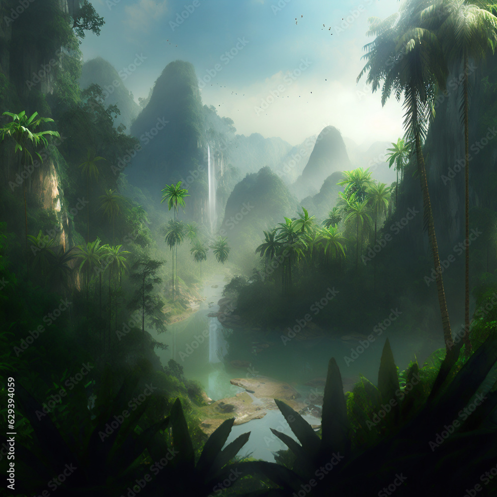 Matte painting style of a deep jungle with chinese mountains Stock ...