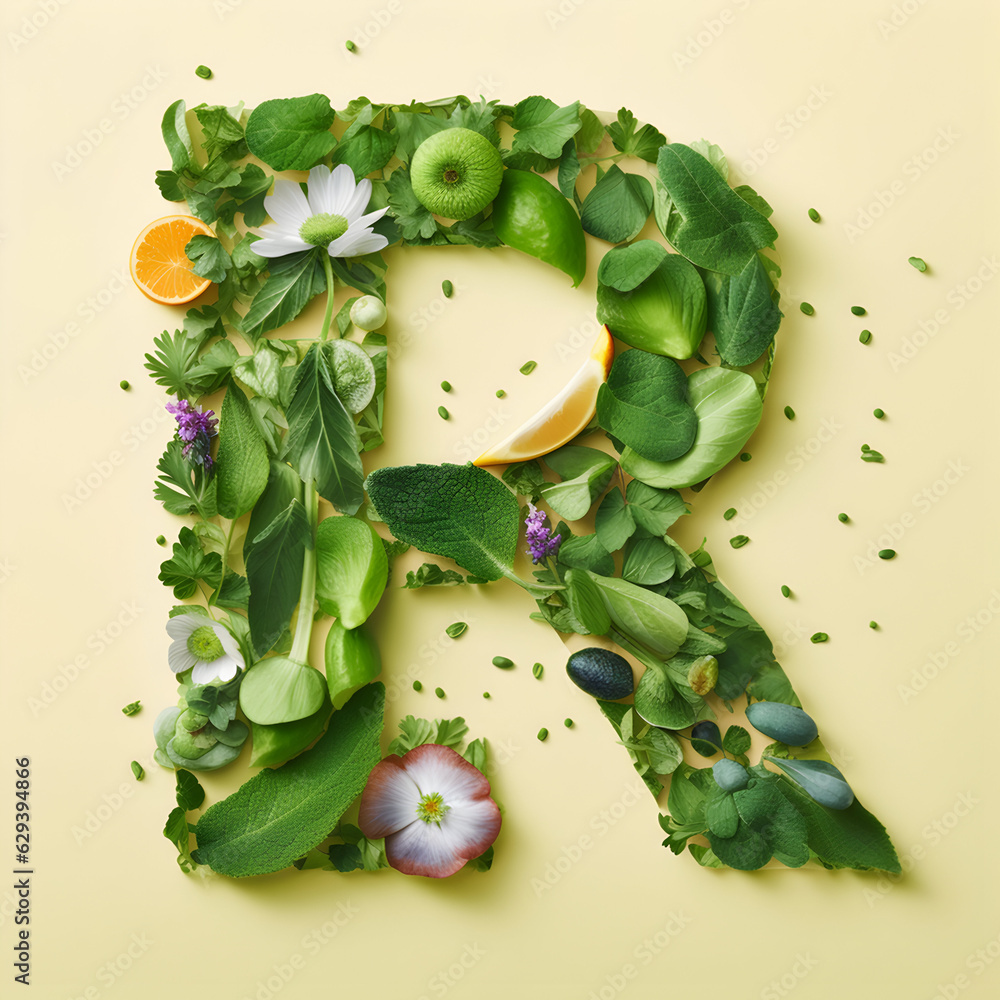 Fruit and vegetable flower alphabet - letter R isolated on light ...