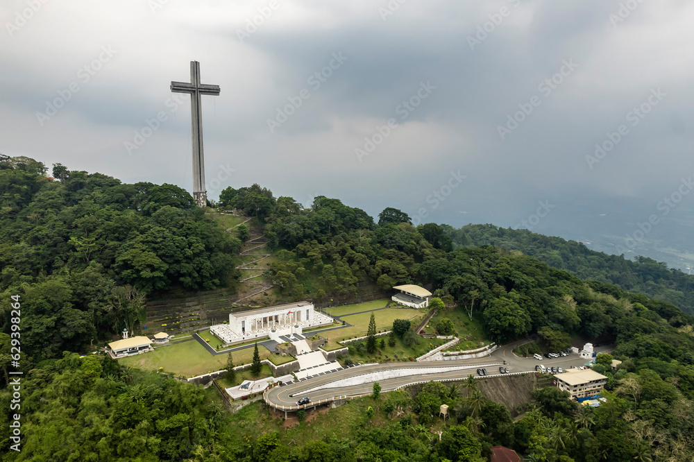 Aerial of Mount Samat National Shrine, a historical shrine located near the summit of Mount ...