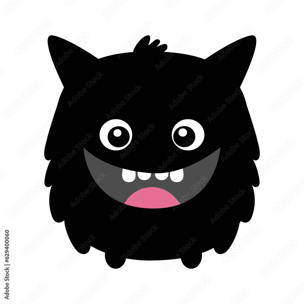Cute monster. Happy Halloween. Funny head face with teeth, tongue, ears ...