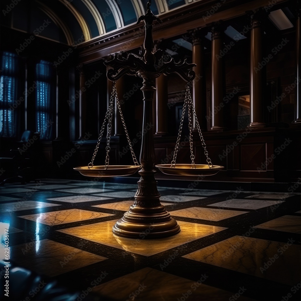 Scales of Justice in the dark Court Hall. Law concept of Judiciary ...