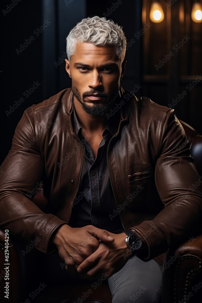 dark-skinned handsome guy with white hair and blue eyes standing on a ...