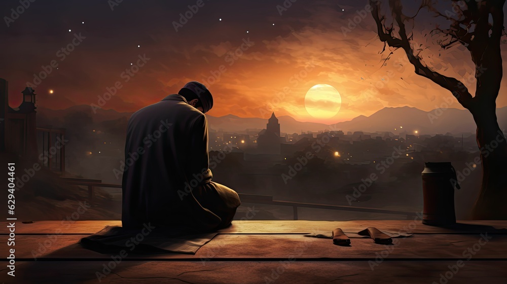 photograph of A Muslim man is facing the sunset and praying namaz or ...