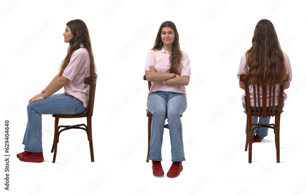 side, front and back view of same woman sitting on chair on white ...