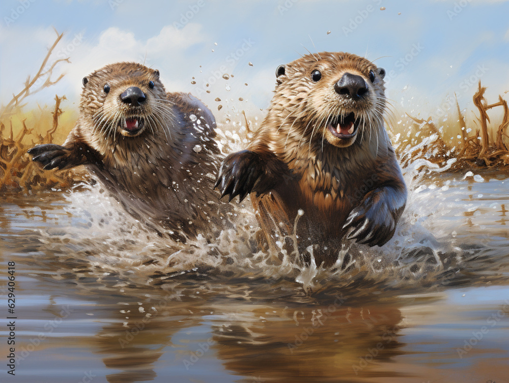 river otters sliding and rolling in mud near the water's edge ...