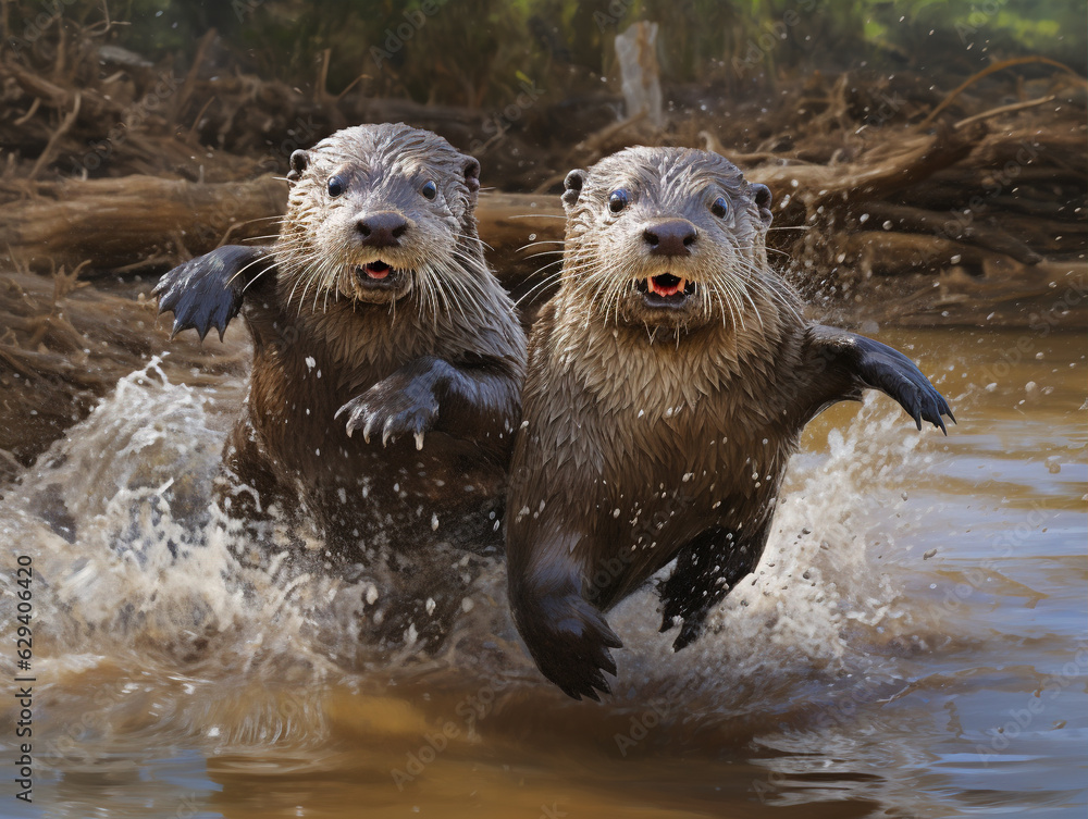river otters sliding and rolling in mud near the water's edge ...