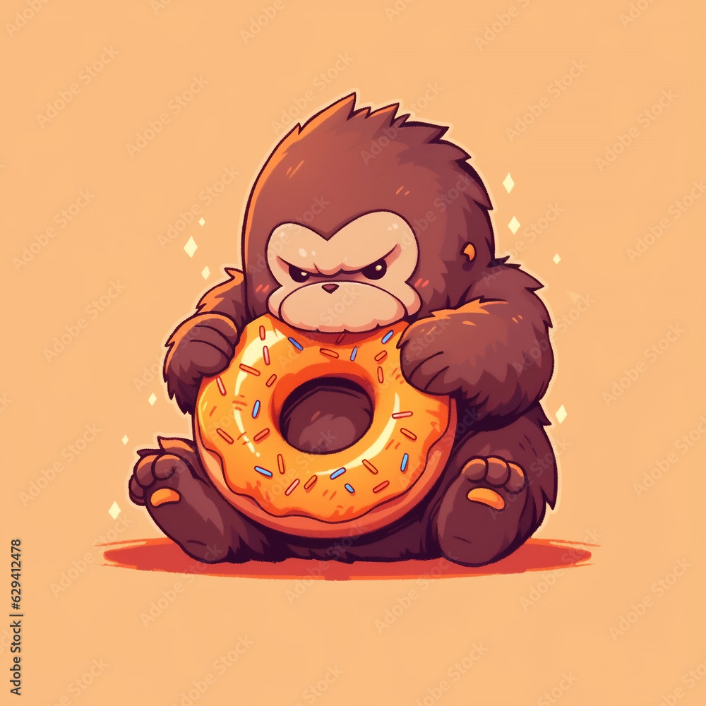 gorilla eat doughnut animal chibi cartoon style isolated plain ...