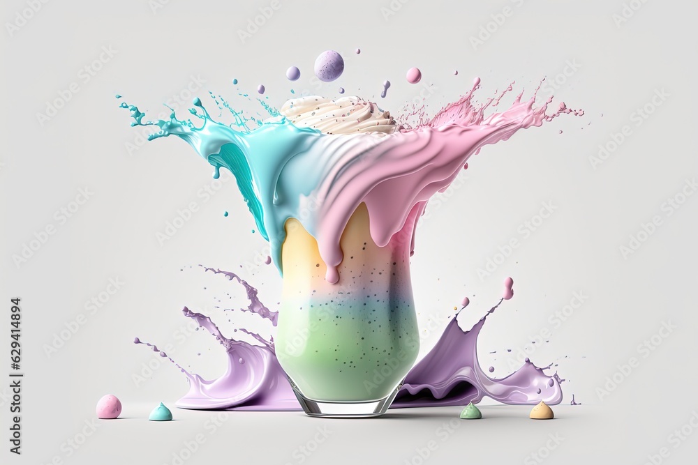 Splash multicolored ice cream in a glass bowl. Splash and drops of ...