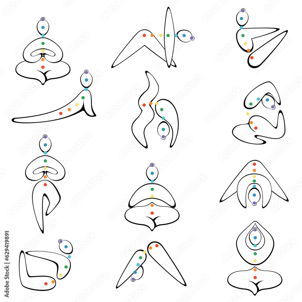 Contours of a man in yoga poses with chakra colors on a white ...