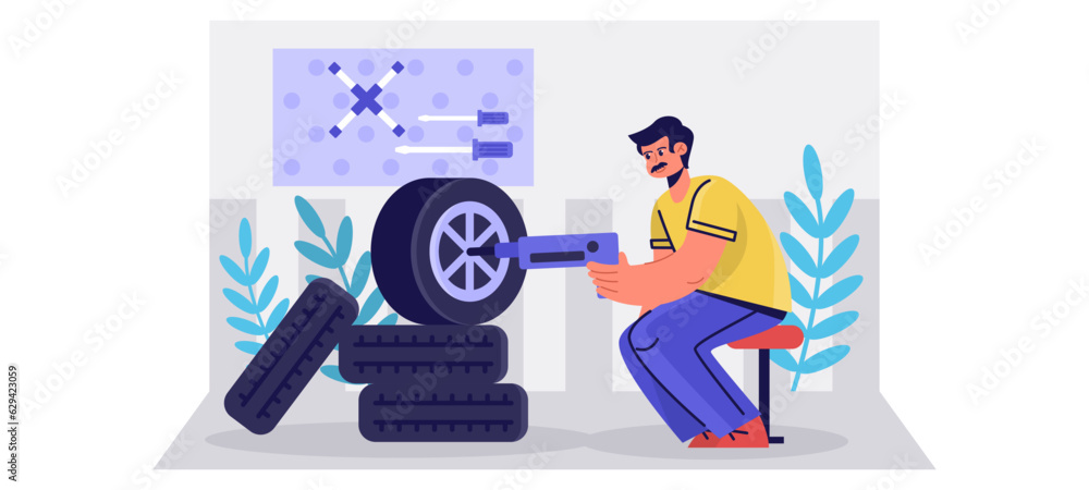 Man holding tool and replaces parts in car wheel. Mechanic changing ...