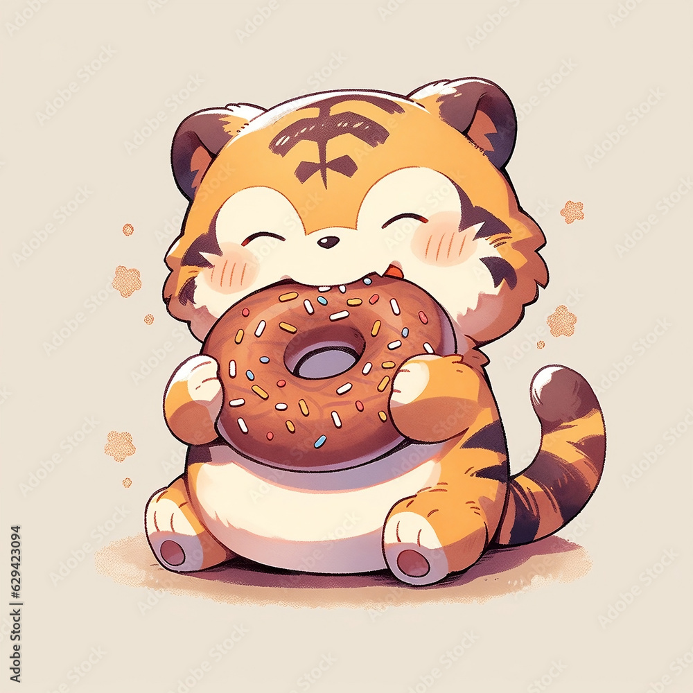 tiger eat doughnut animal chibi cartoon style isolated plain background ...