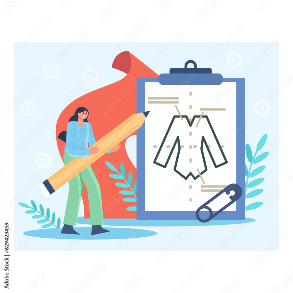 Lady holds large pencil and creates blouse sketch for women. Modeling ...