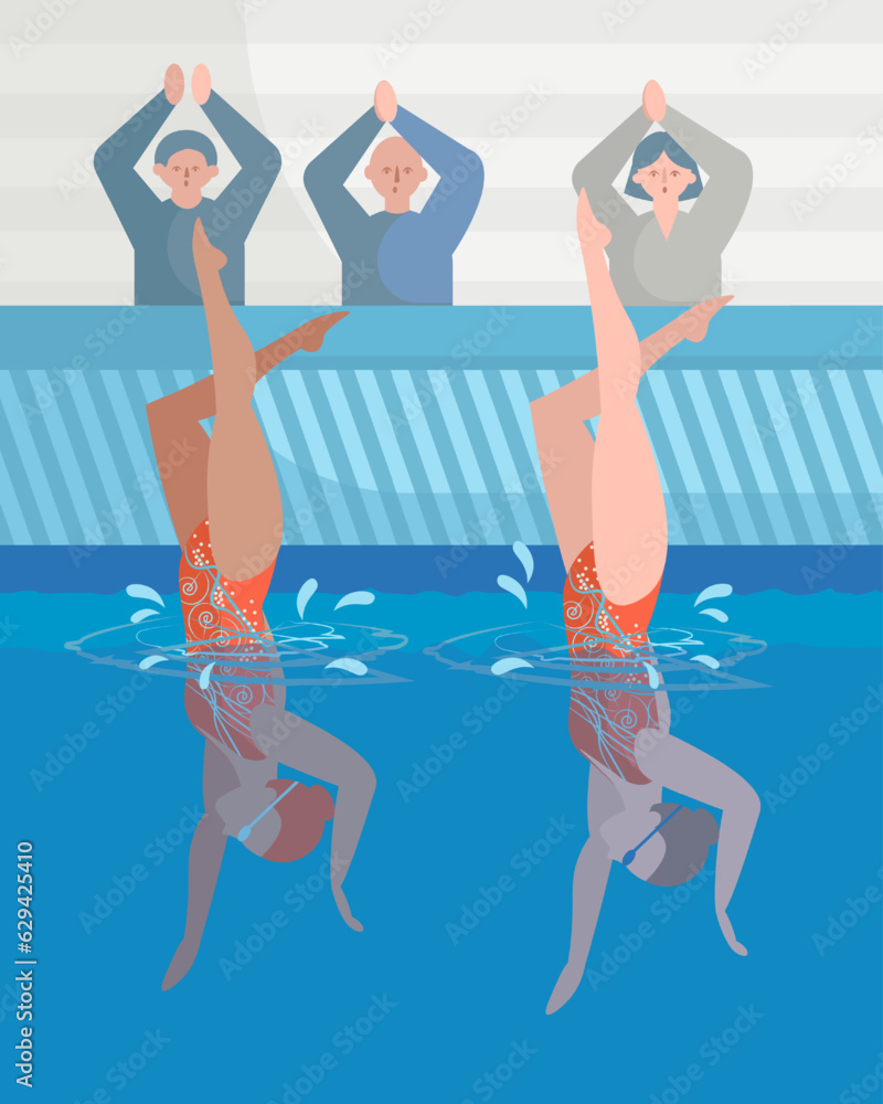 Two young girls in swimsuits and rubber caps engaged in synchronized ...