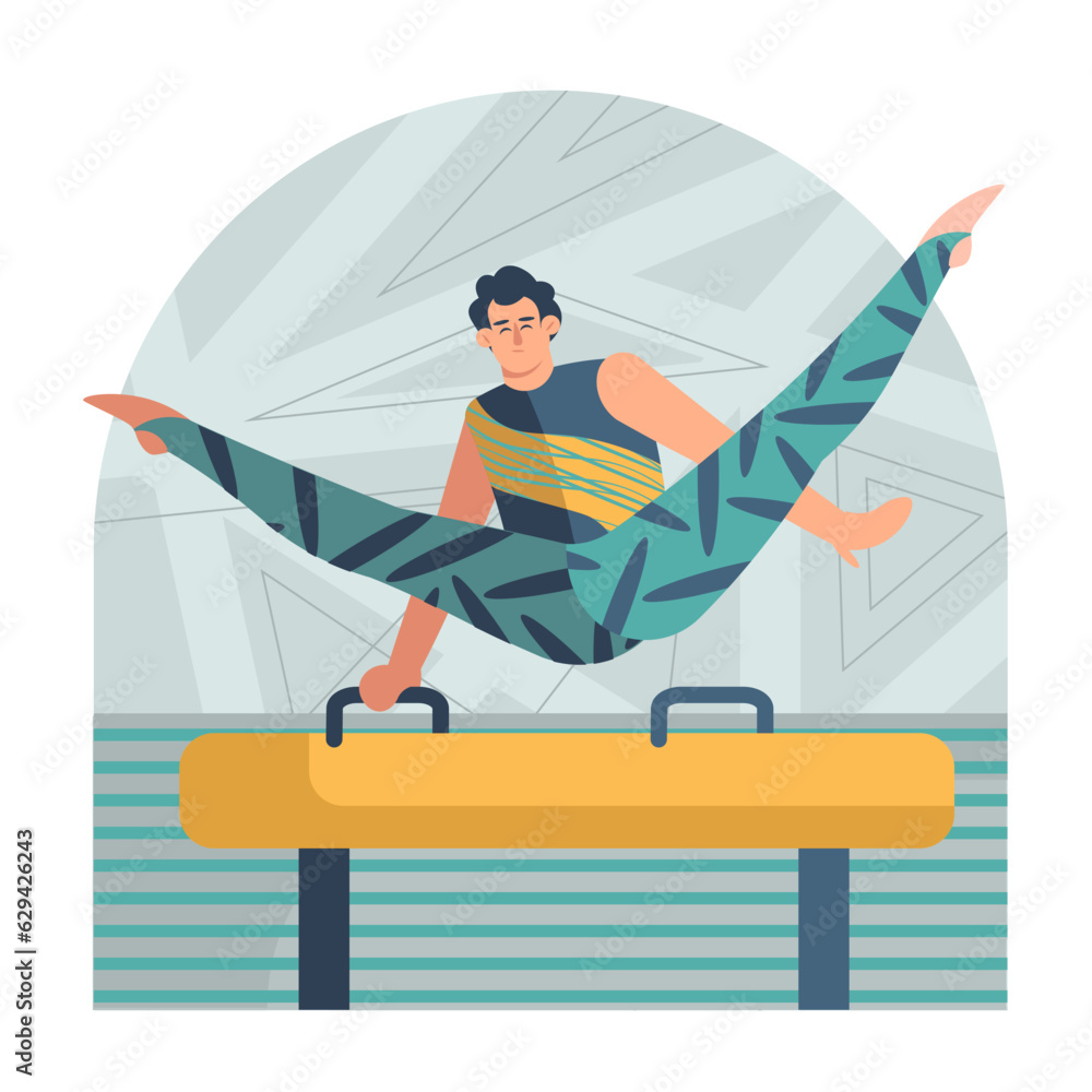 Young male in uniform doing gymnastic exercise in gym. Gymnasts ...