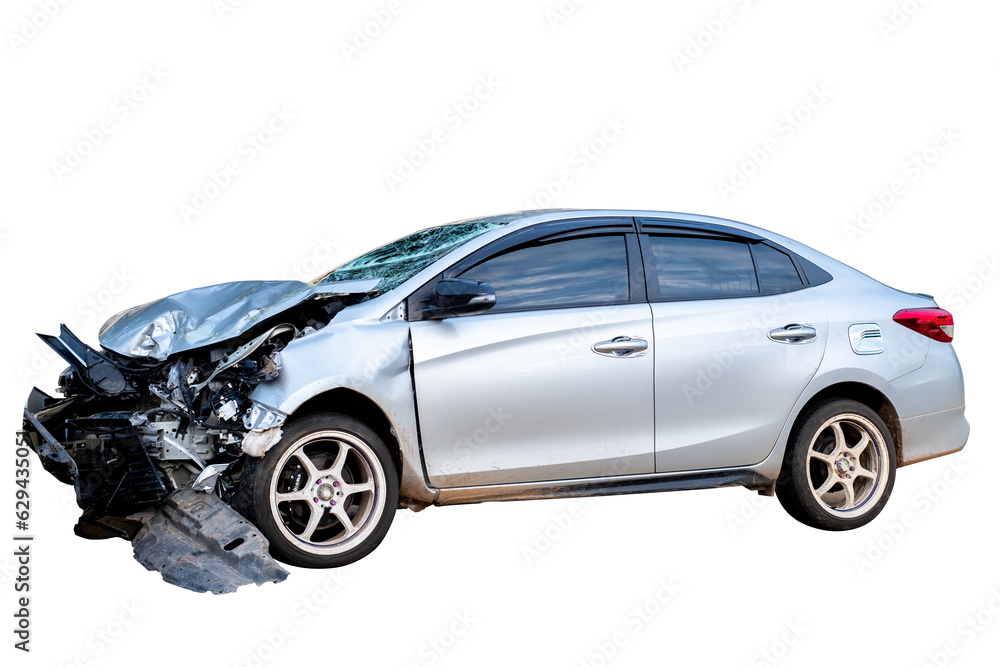 Front and side of white car get damaged by accident on the road ...