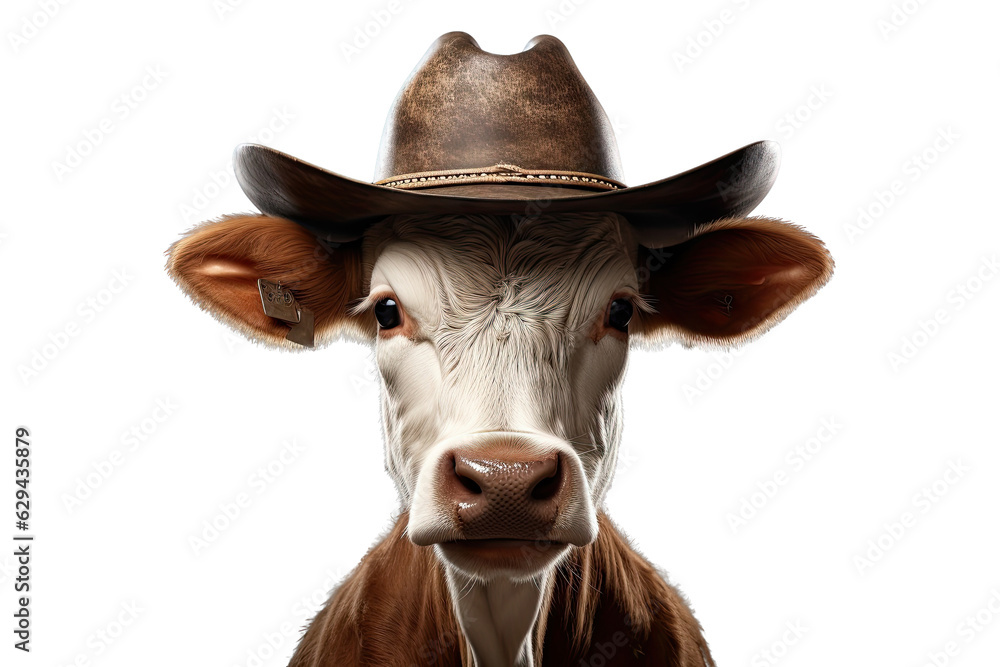 Mafia Cow or bullock farm wearing cowboy hat and sunglasses portrait ...