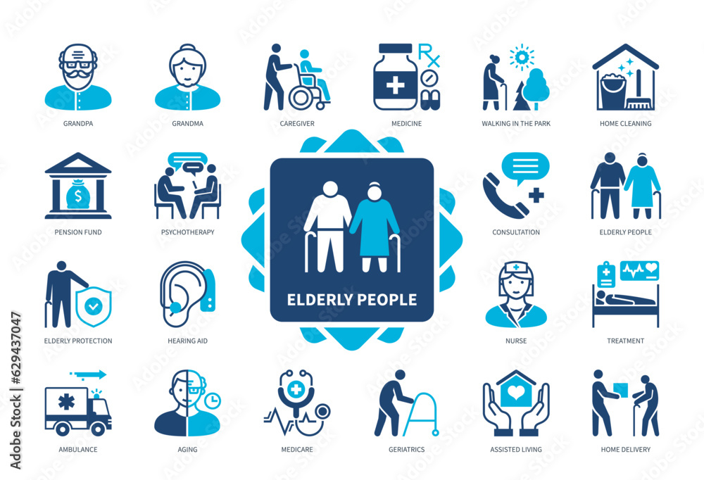 Elderly People icon set. Park Walking, Hearing Aid, Assisted Living ...