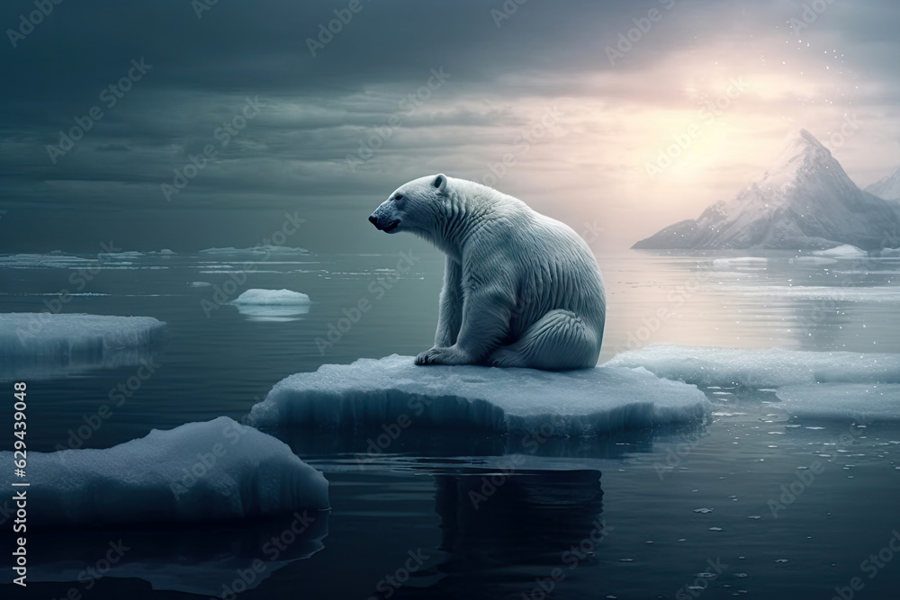 White polar bear sitting on melting ice floe glacier at arctic sea that ...