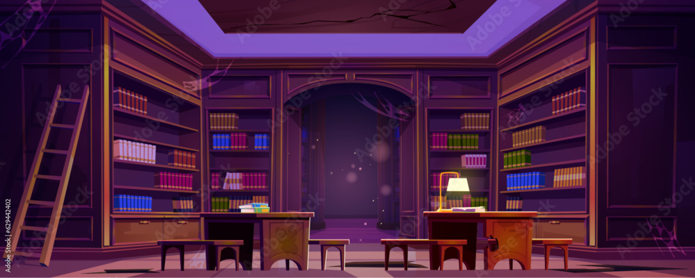 Abandoned library with old books on dusty shelves and working desks ...