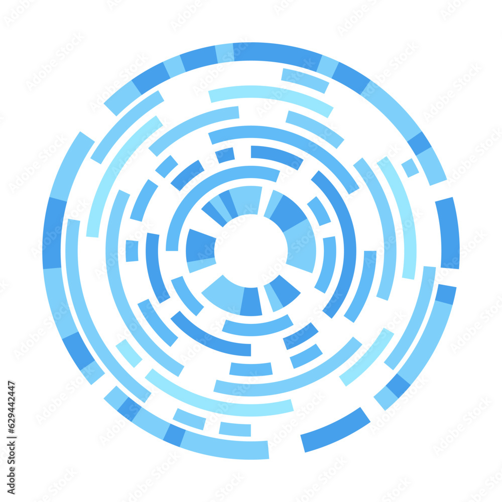 Abstract round vector shape. Rotating blou color stripes. Concentric ...