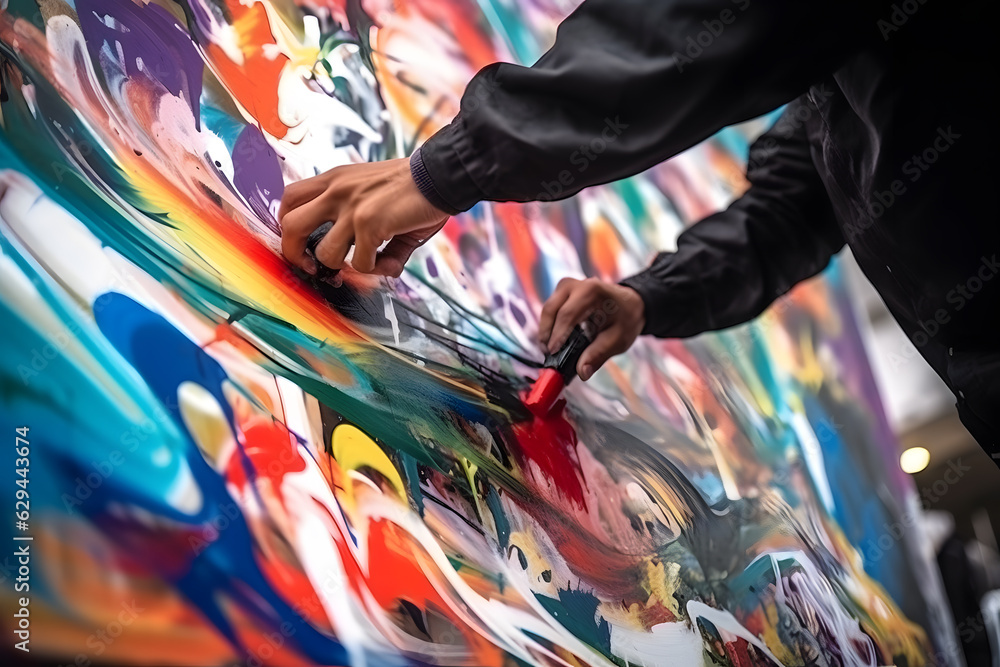 Motion blur image of a street artist painting a mural with dynamic ...