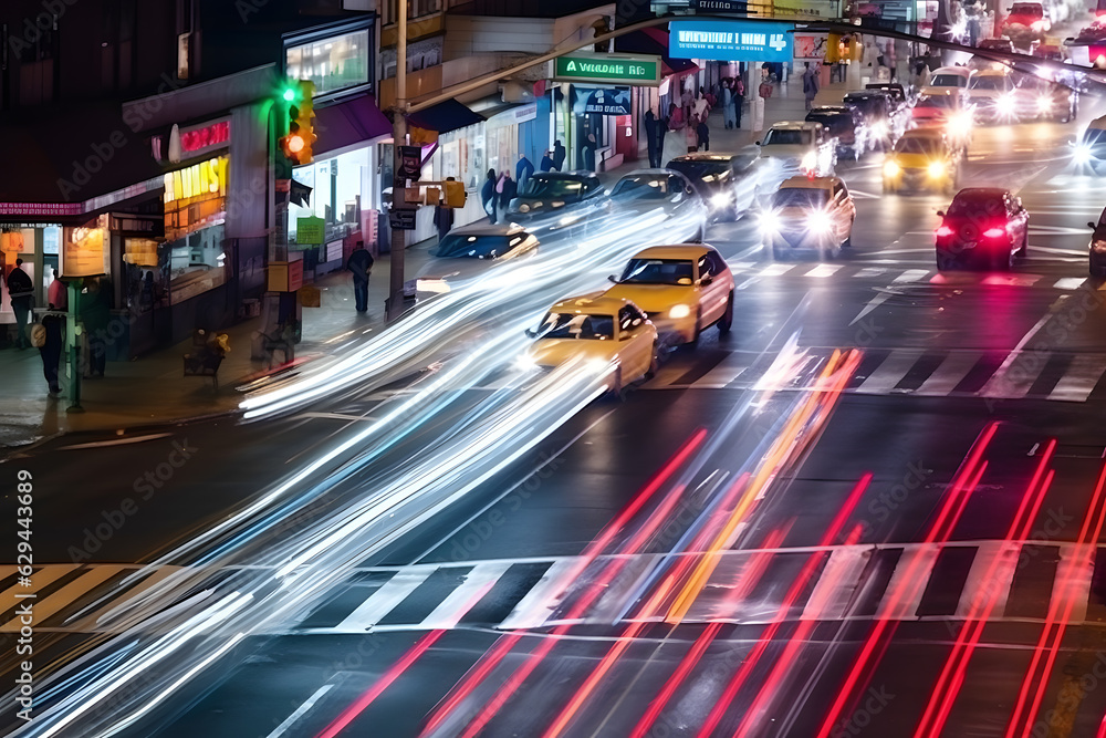 Panning shot of a bustling city street at night, with streaks of ...