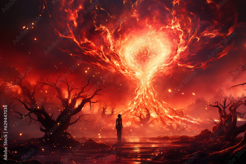 Back view of silhouette of lonely woman in torn dress walking in ...