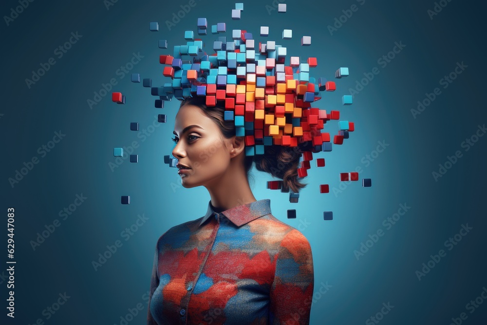 Portrait of beautiful young futuristic woman with colorful blocks ...