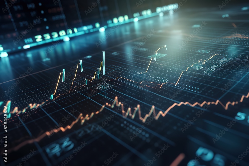 crypto graph chart with black background and blue lines on a device ...